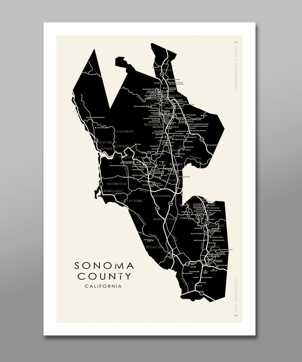 Sonoma County Minimalist Wine Map - With Wineries Poster - Home Decor ...